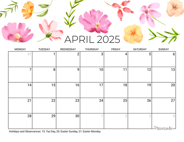 April 2025 Calendar Printable with Holidays