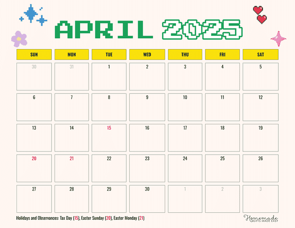 April 2025 Calendar Printable with Holidays