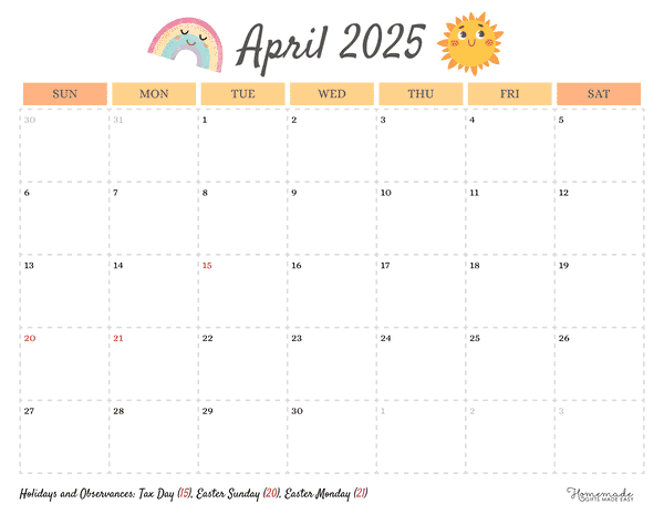 April 2025 Calendar Printable with Holidays