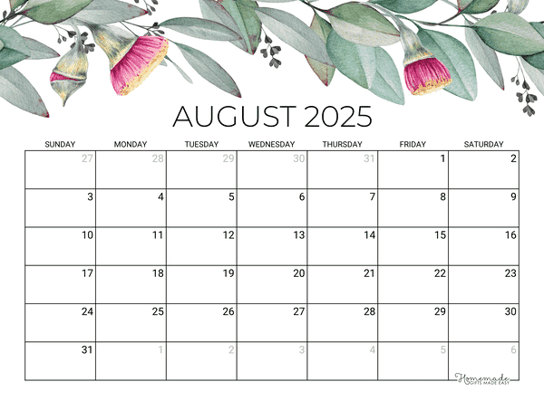 August 2025 Calendar Printable with Holidays