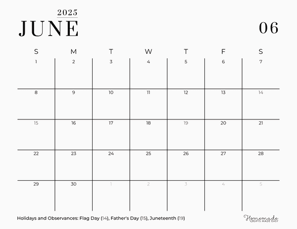 June 2025 Calendar Printable with Holidays