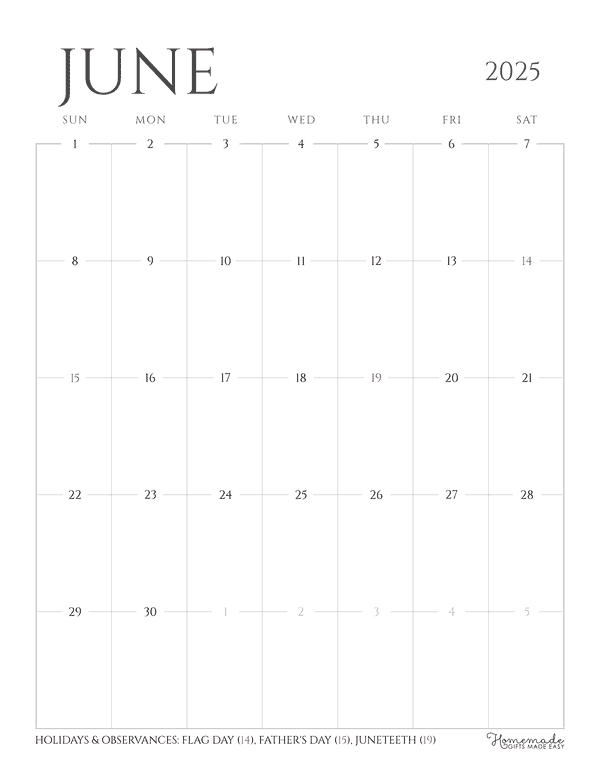 June 2025 Calendar Printable with Holidays