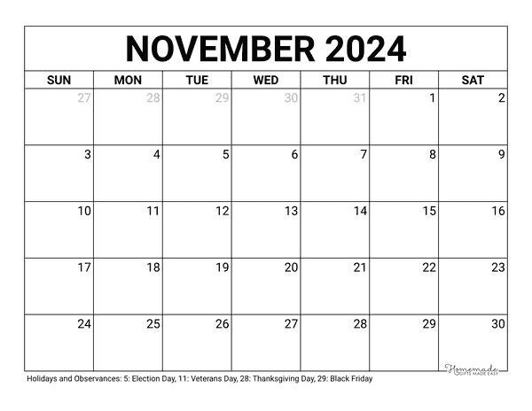 November 2024 Calendar | Free Printables (Blank and Custom)