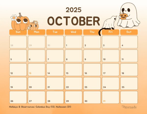 October 2025 Calendar Printable with Holidays